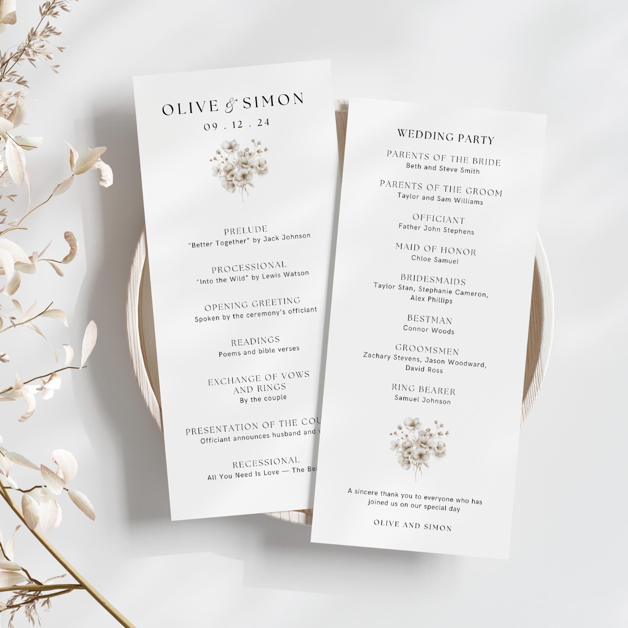 Minimalist Wedding Program Template, Modern Wedding Program Card ...