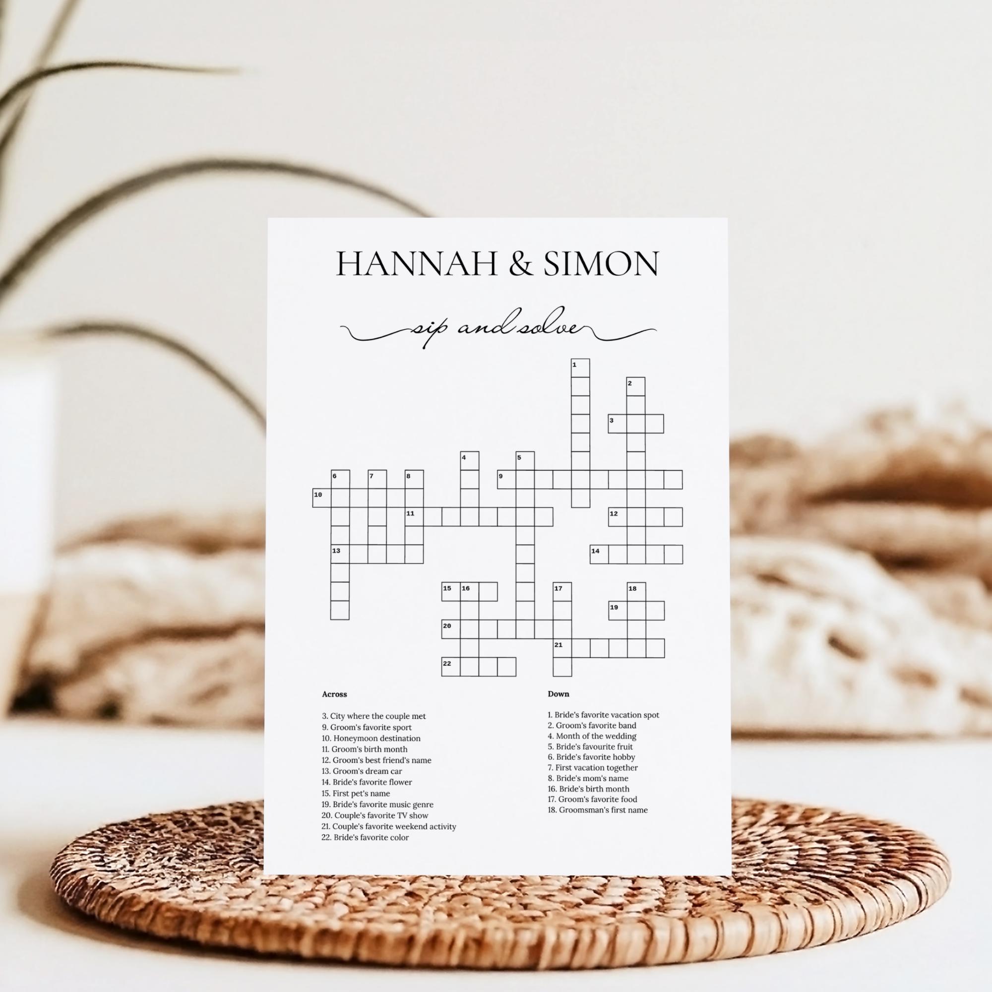 Custom Wedding Crossword Puzzle, Small Wedding Crossword, Sip and Solve ...