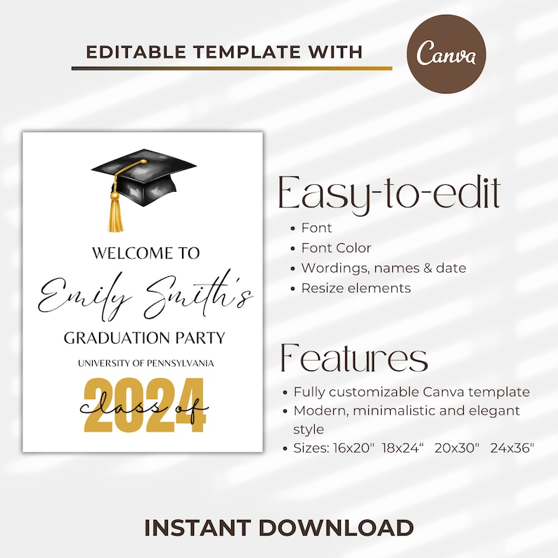 Modern Graduation Welcome Sign Template: Editable Gold Decor (digital ...