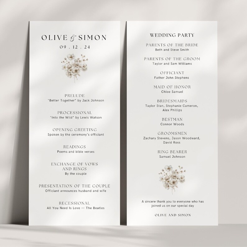 Minimalist Wedding Program Template, Modern Wedding Program Card ...
