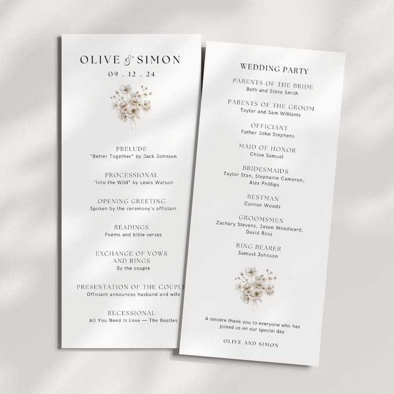 Minimalist Wedding Program Template, Modern Wedding Program Card ...