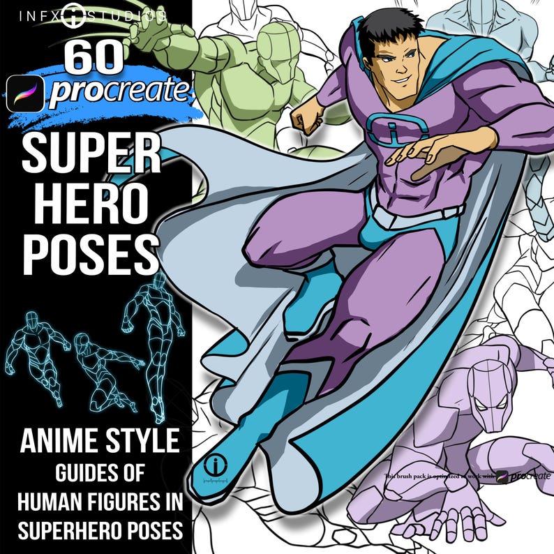 60 Male Superhero Pose Procreate Brushes: Anime Style Stamps (digital ...