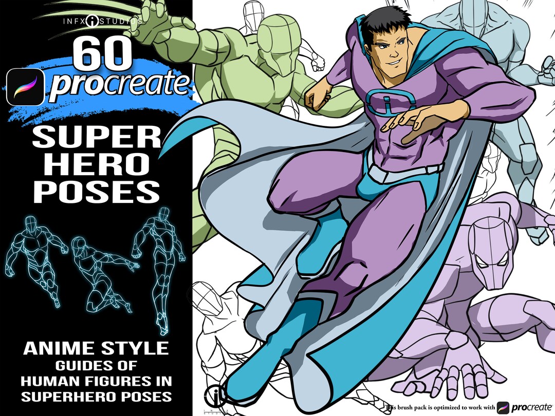 60 Male Superhero Pose Procreate Brushes, Male Stamps Guides for Hand ...