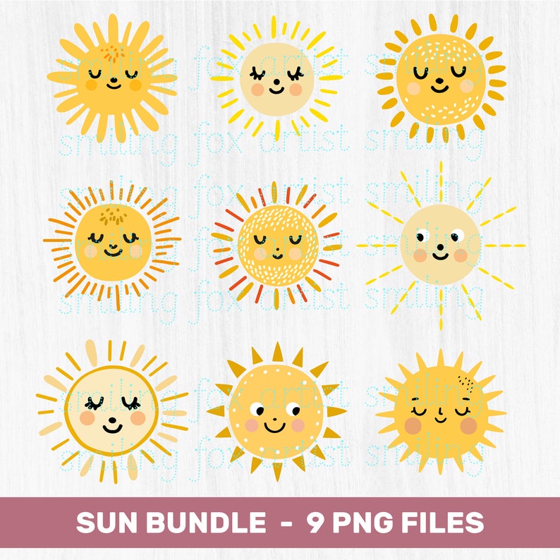 Sun Clipart Bundle, PNG Files, Happy Cute Sun Set, Sun Faces, Summer ...