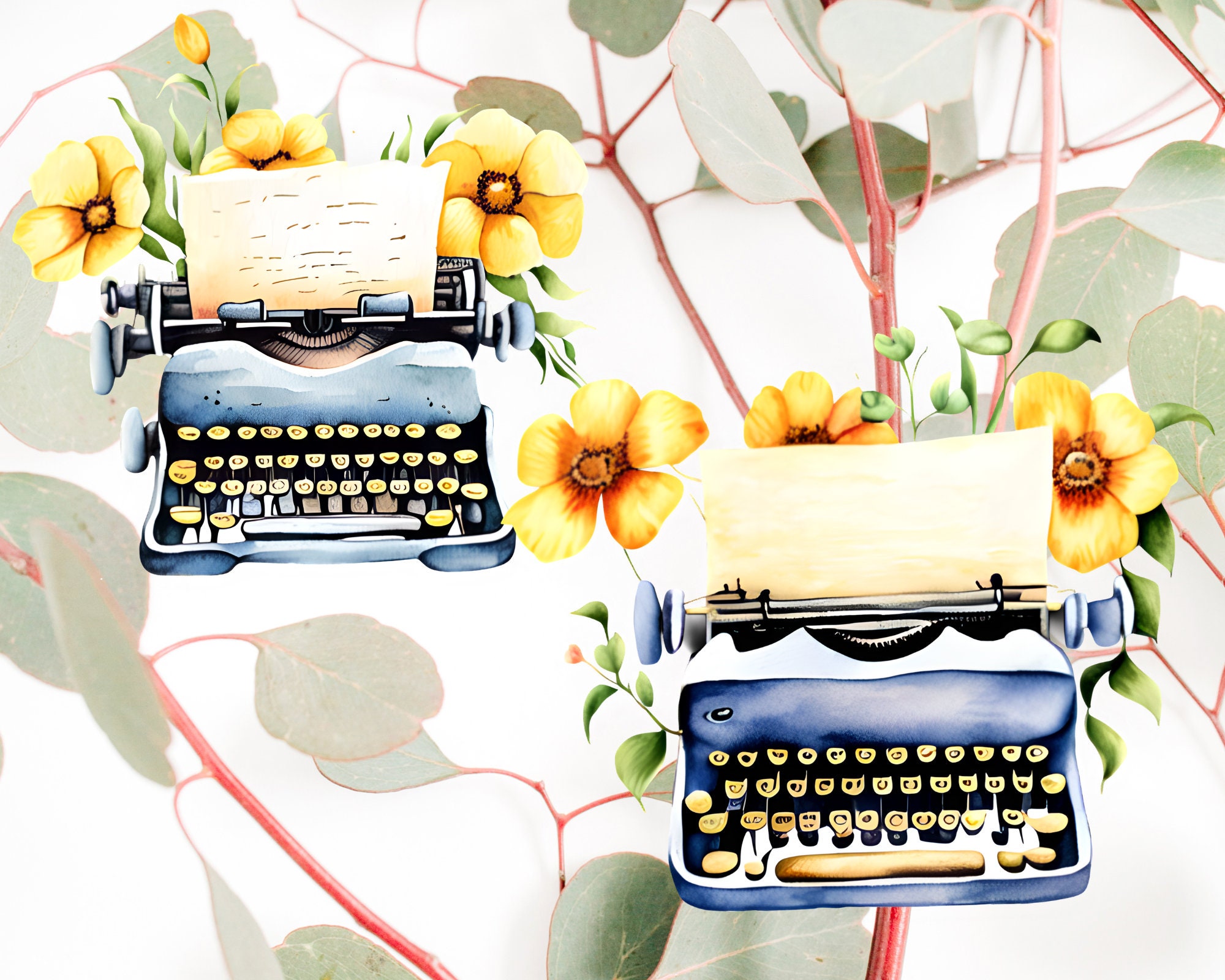 Vintage Typewriter & Flower Elegance: Antique Clipart Pack for - Etsy