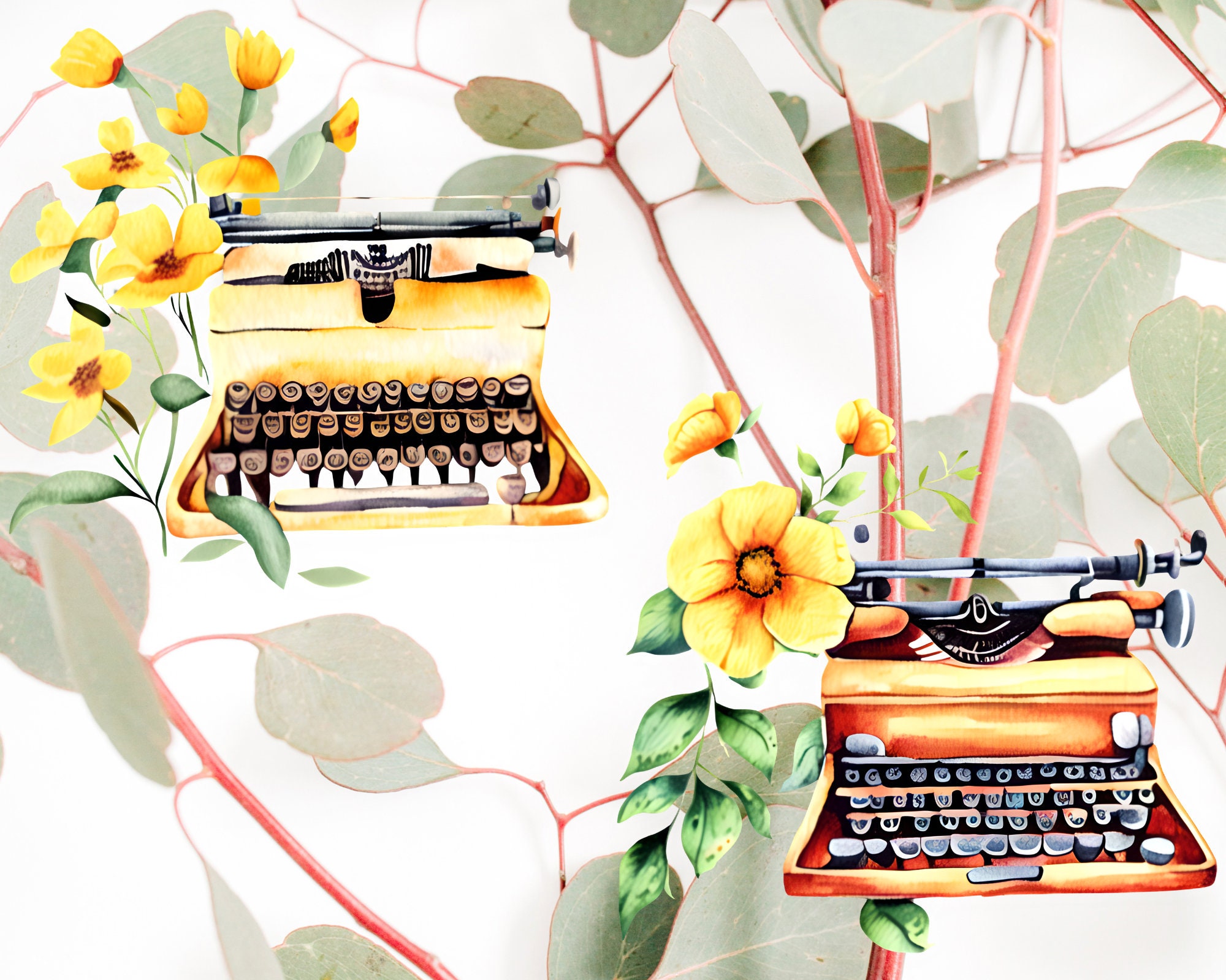 Vintage Typewriter & Flower Elegance: Antique Clipart Pack for - Etsy