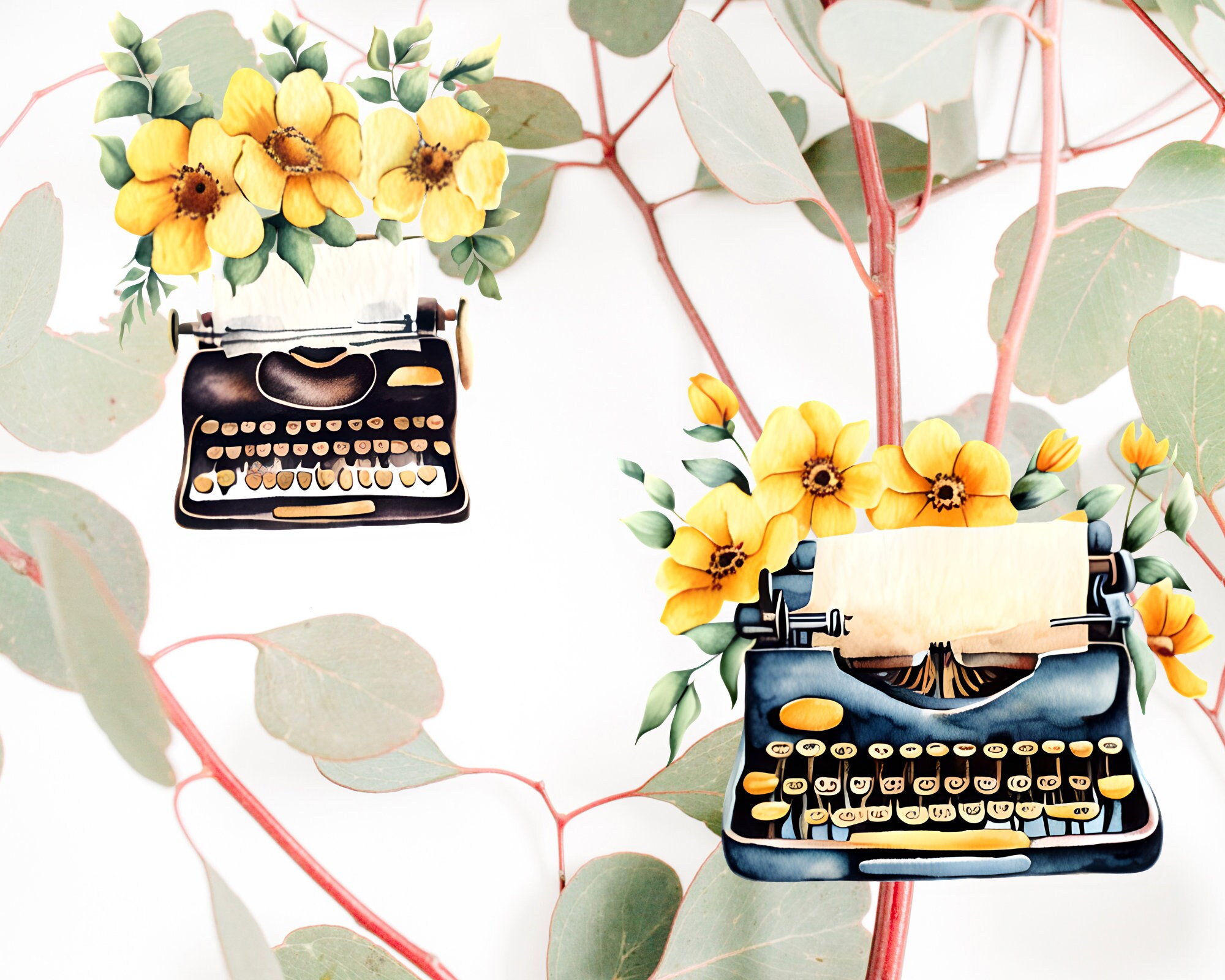 Vintage Typewriter & Flower Elegance: Antique Clipart Pack for - Etsy