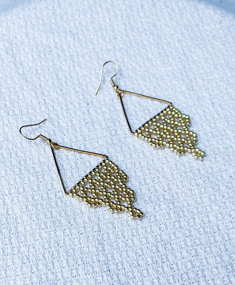 Gold Triangles With Netted Stitch Golden Beads / Beaded Earrings - Etsy
