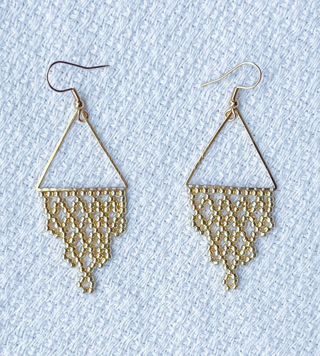 Gold Triangles With Netted Stitch Golden Beads / Beaded Earrings - Etsy