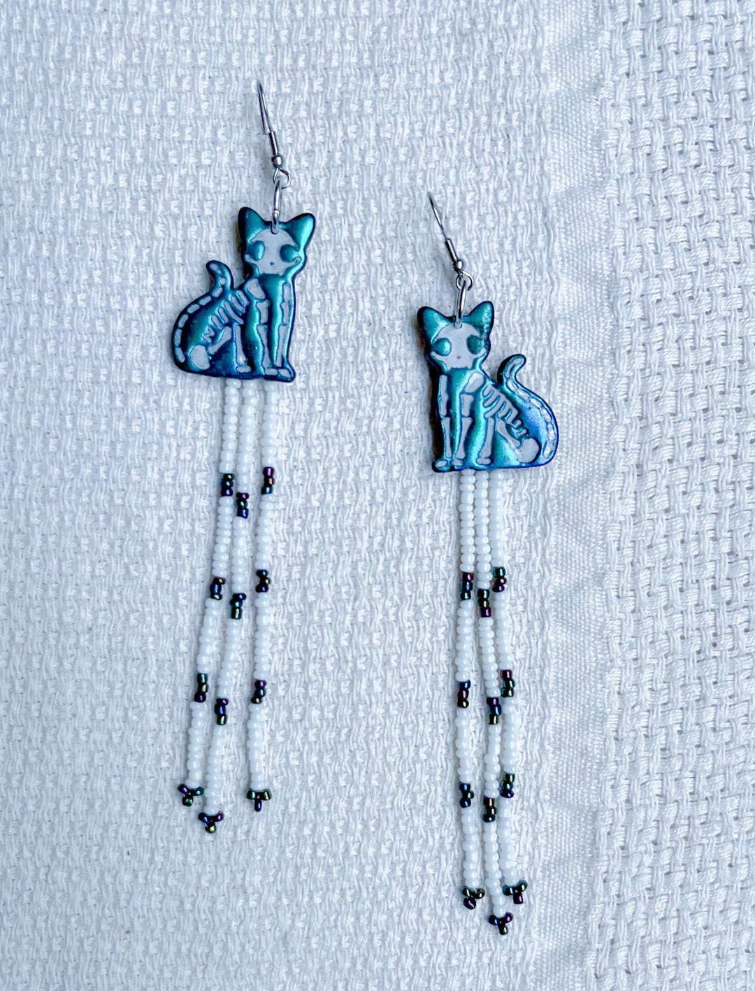 Cat Skeleton / Polymer Clay / Seed Beaded / Dangle Earrings - Etsy
