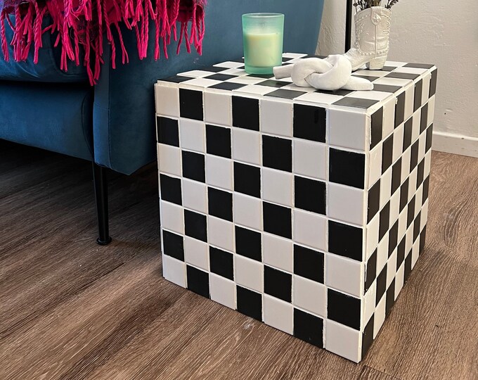 Black and White Checkered Tile Side Table - Etsy