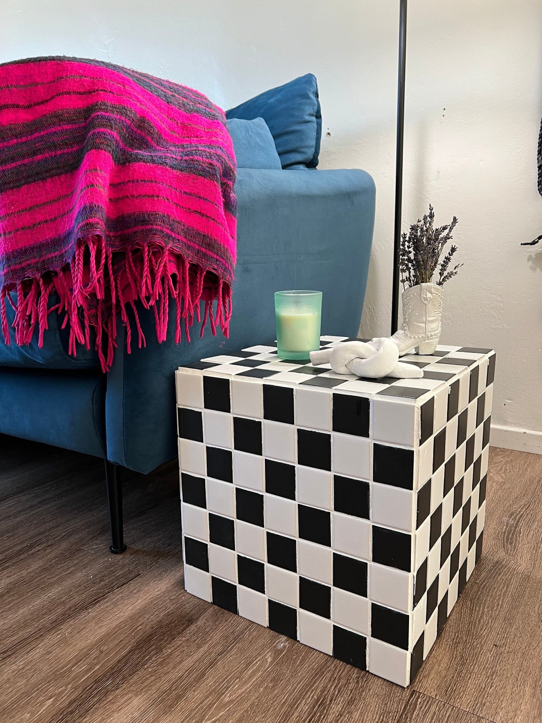 Black and White Checkered Tile Side Table - Etsy