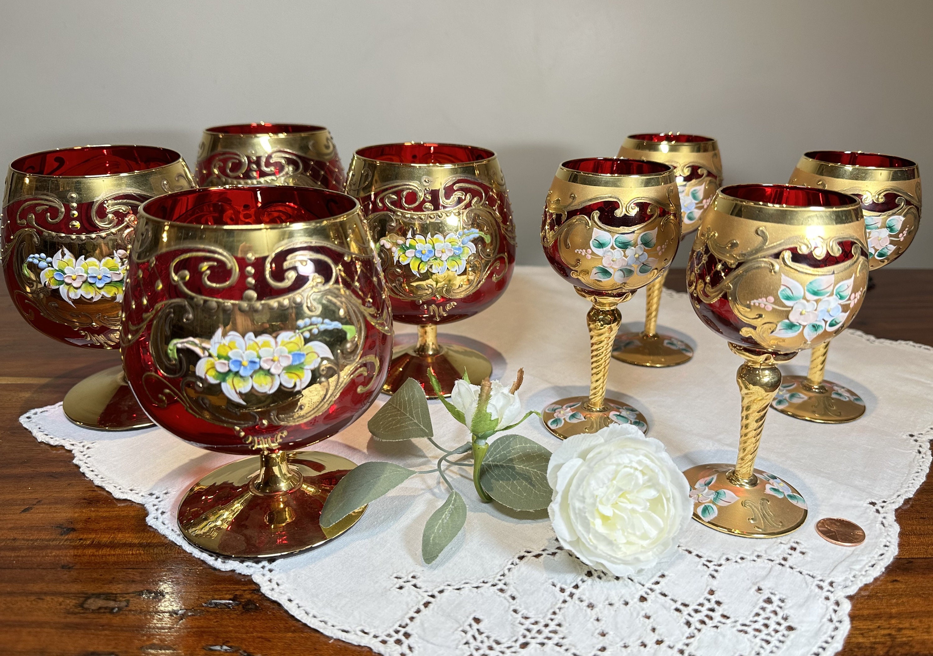Set of 10 ruby red wine glasses with grape vine etchings. Gorgeous ...