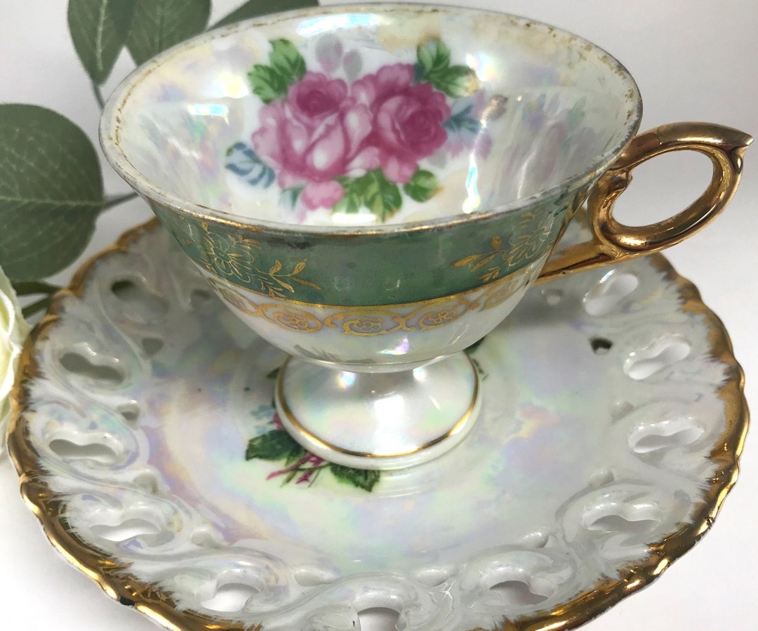 Teal Lusterware Cup and Saucer, Mid Century Japanese Iridescent Teacup ...