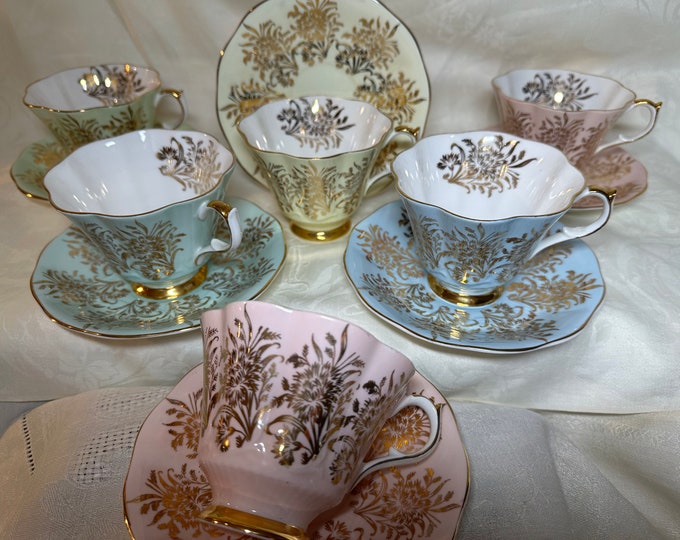1960's Pastel Teacups, Set of Six English Bone China Cups and Saucers ...