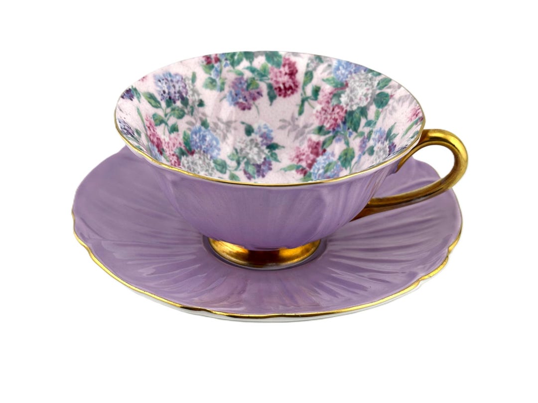 Shelley Oleander Shape Cup & Saucer – Summer Glory Pattern, Lilac, Vintage 1940s English Bone ...