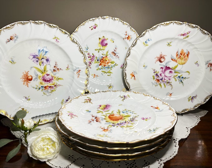 7 Antique Floral Dinner Plates - Dresden Style Plates With Multicolor ...