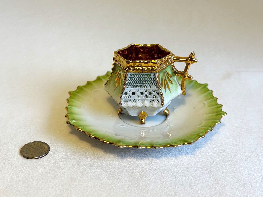Miniature Porcelain Cup and Saucer, Green and Gold Little One Fluid ...