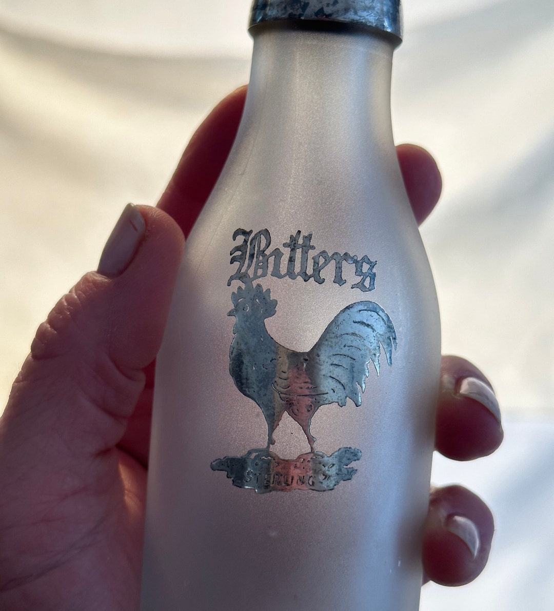 Vintage Frosted Glass Bitters Bottle With Sterling Silver Rooster ...