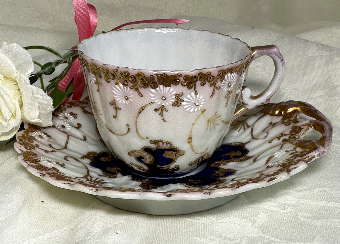 Antique Espresso Cup and Saucer, Blue and Gold Fine Porcelain Demitasse ...