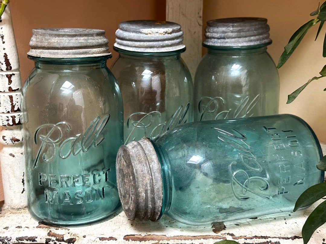 4 Preserve Jars With Lids, Quart Size, Ball Perfect Mason Aqua Blue ...