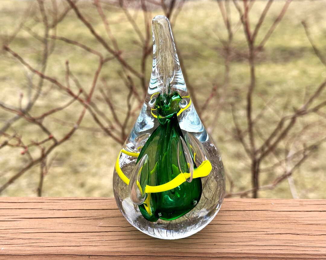 Jablonski Teardrop Paperweight green and Yellow in Clear Crystal ...