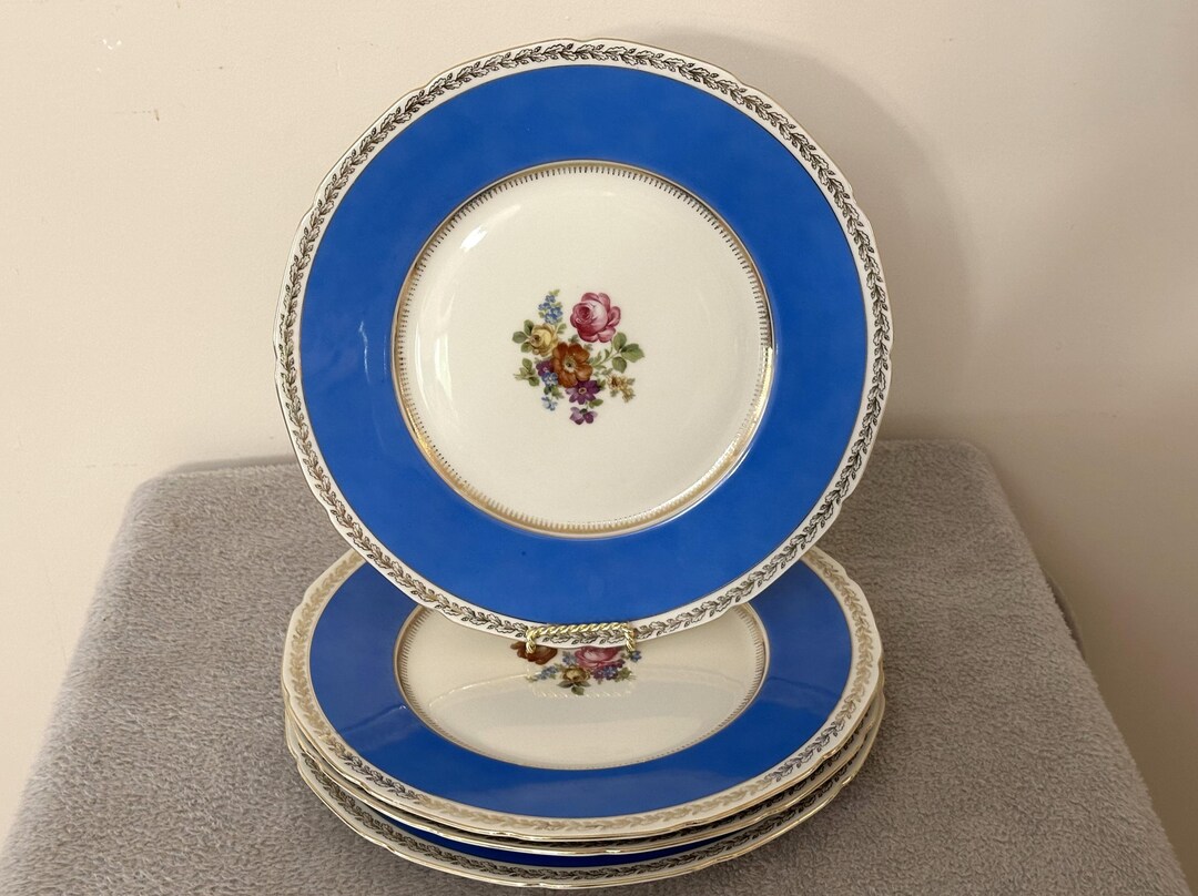 Antique Bohemian Dinner Plates (set of 4): Blue Band, Gilded Edge ...
