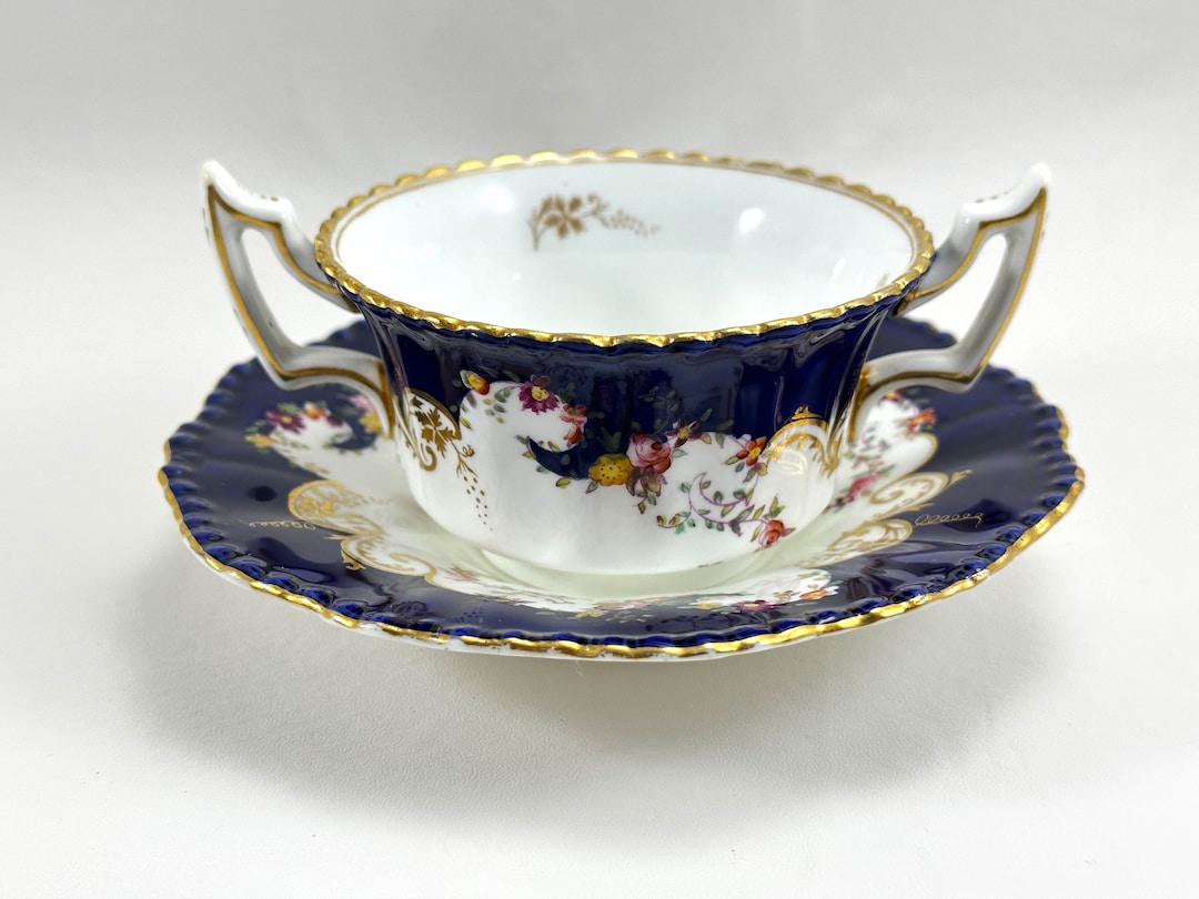 Antique Coalport Cup and Saucer, Two Handled Bouillon Cup, Cobalt Blue ...