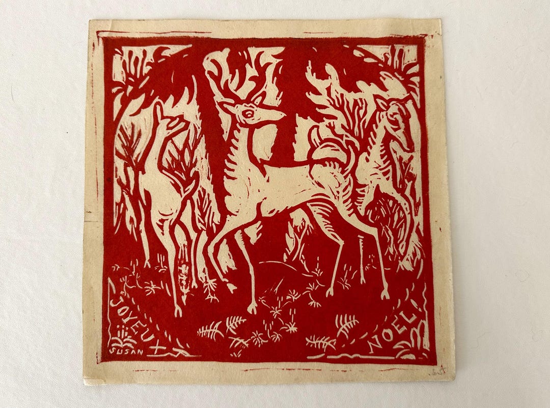 Susan Willard Flint Linocut Print – Red Reindeer on Paper – Vintage ...