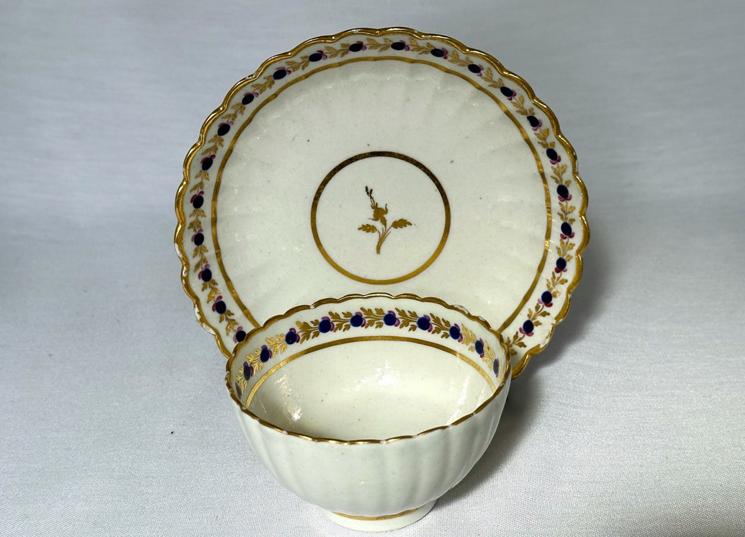 18th Century English Porcelain Tea Bowl & Saucer: Cobalt, Gold, Flaming ...