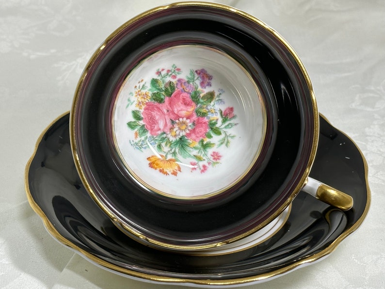 Black Floral Cup and Saucer by EB Foley Black Teacup With - Etsy