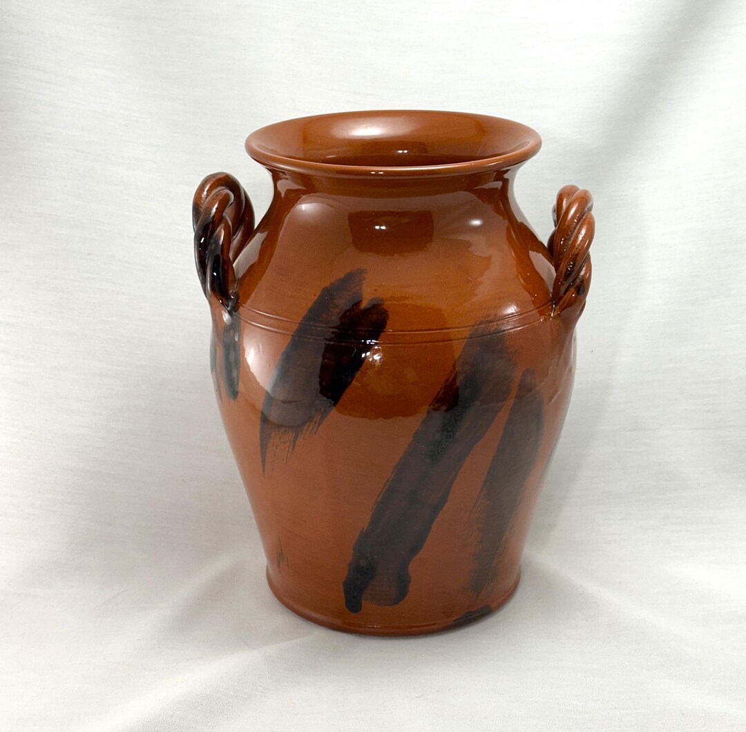 Breininger Pottery Vase, 1985 Large Twisted Handle Glazed Redware Pot ...