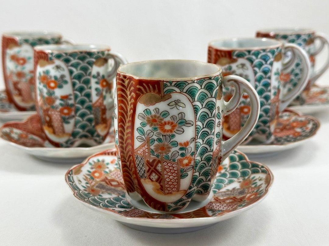 Imari Chocolate Cups and Saucers, 5 Japanese Fine Translucent Porcelain ...