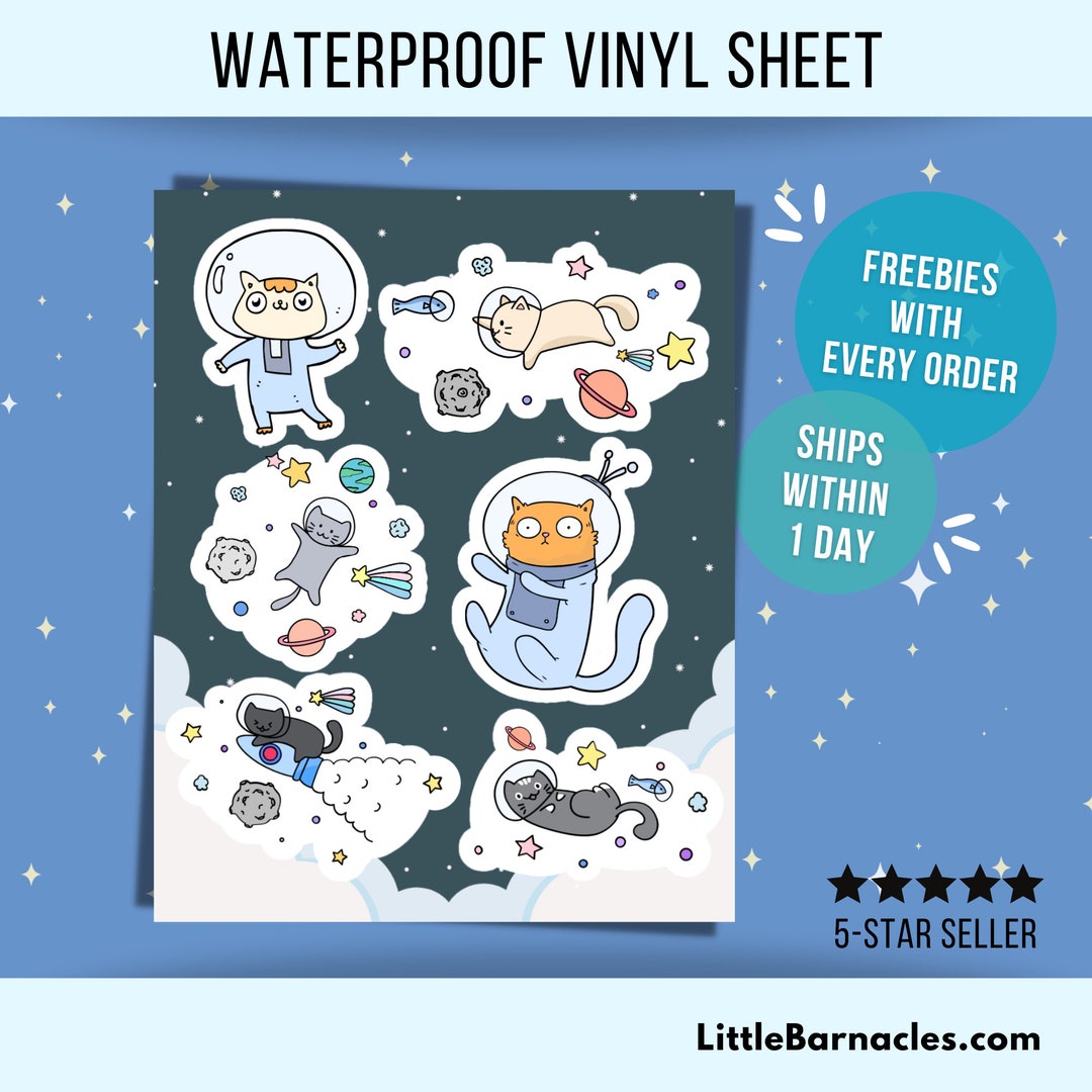 Mini Space Cat Sticker Sheet for Cat Lover Waterproof Vinyl Tiny Kitten ...