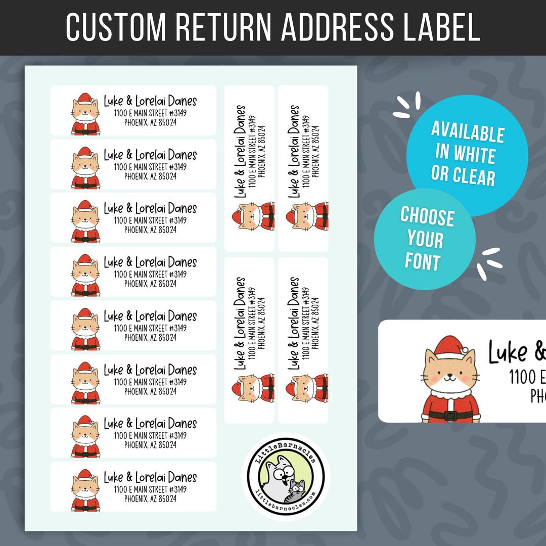 Custom Christmas Cat Address Labels • Santa Cat Return Address Stickers ...