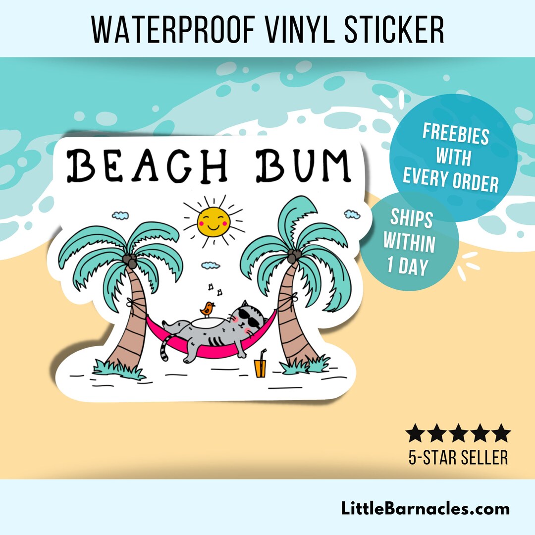 Beach Bum Sticker Waterproof Vinyl Funny Cat Sticker Gift Cat Lover ...