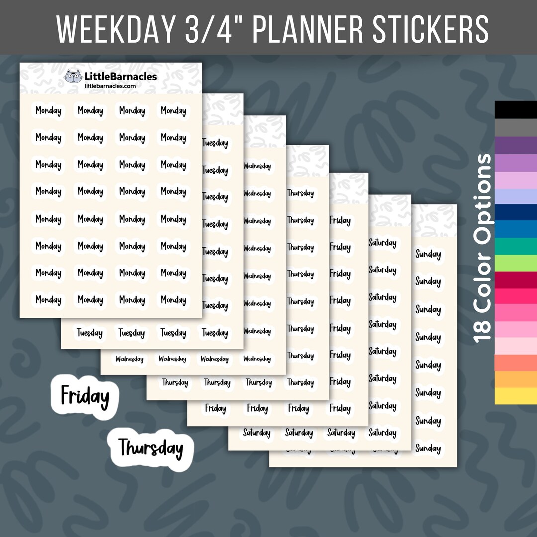 Weekday Planner Sticker | 3/4" Size | Text Color Options Word Label ...