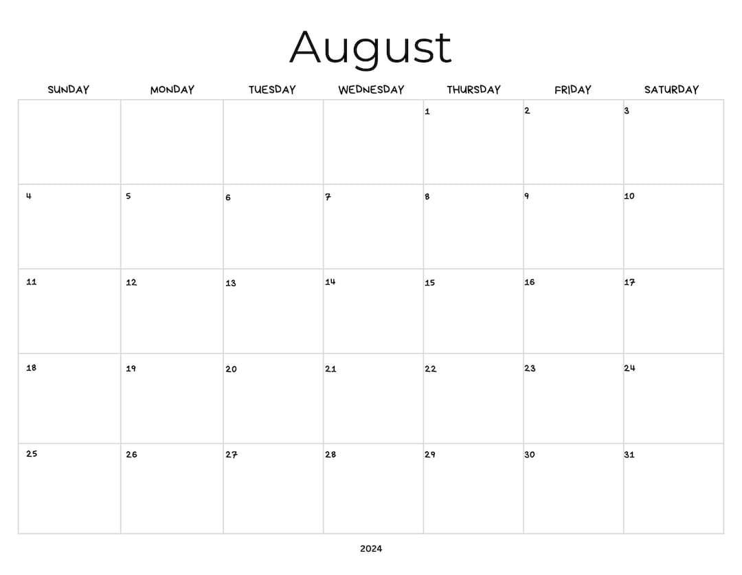 August 2024 Calendar Printable Digital Download PDF - Etsy