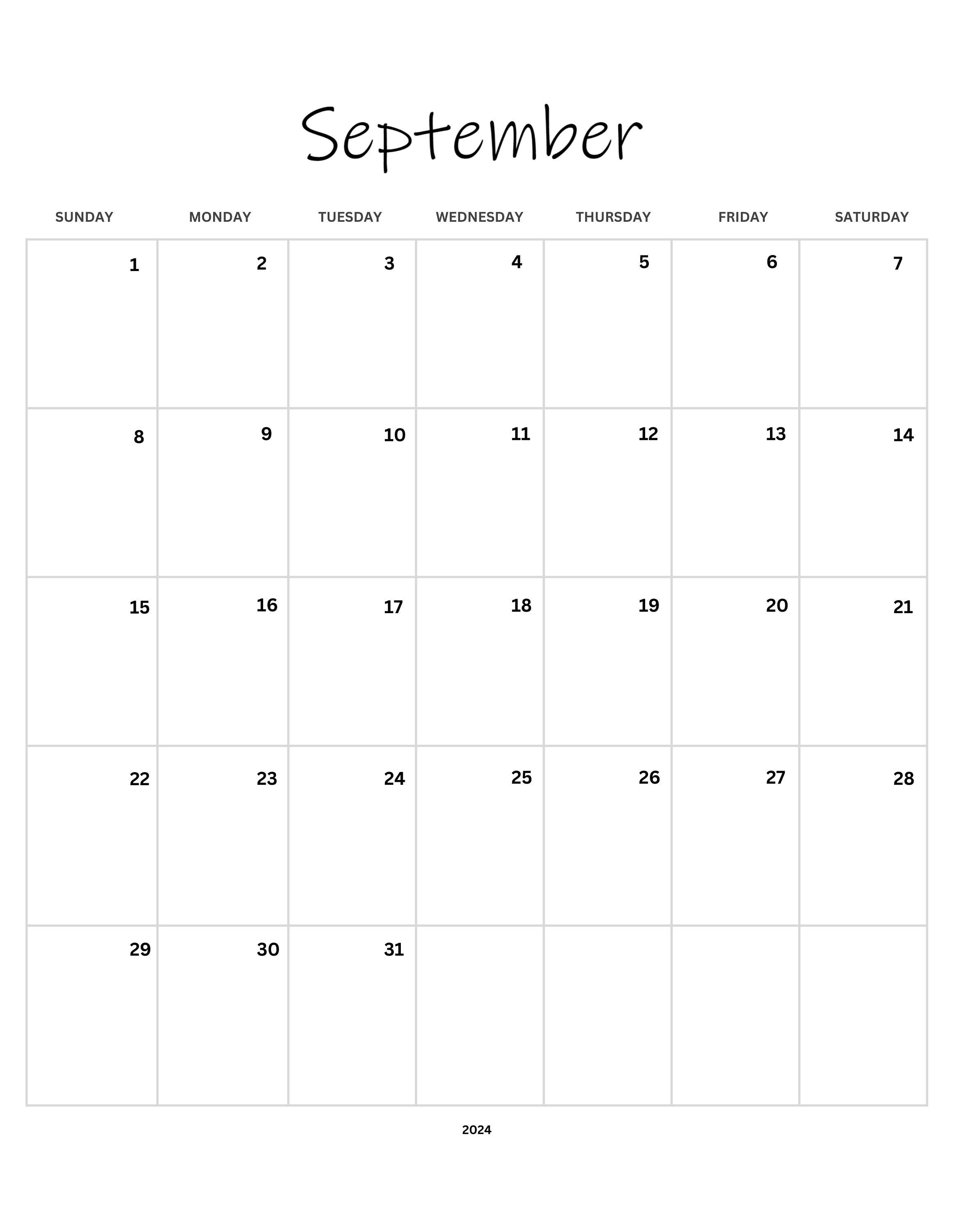 Editable September 2024 Calendar Printable Digital Download PDF ...