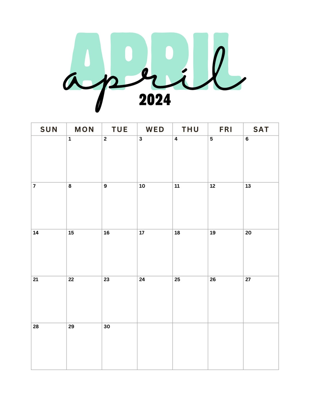 Editable April 2024 Calendar Printable Digital Download PDF Vertical - Etsy