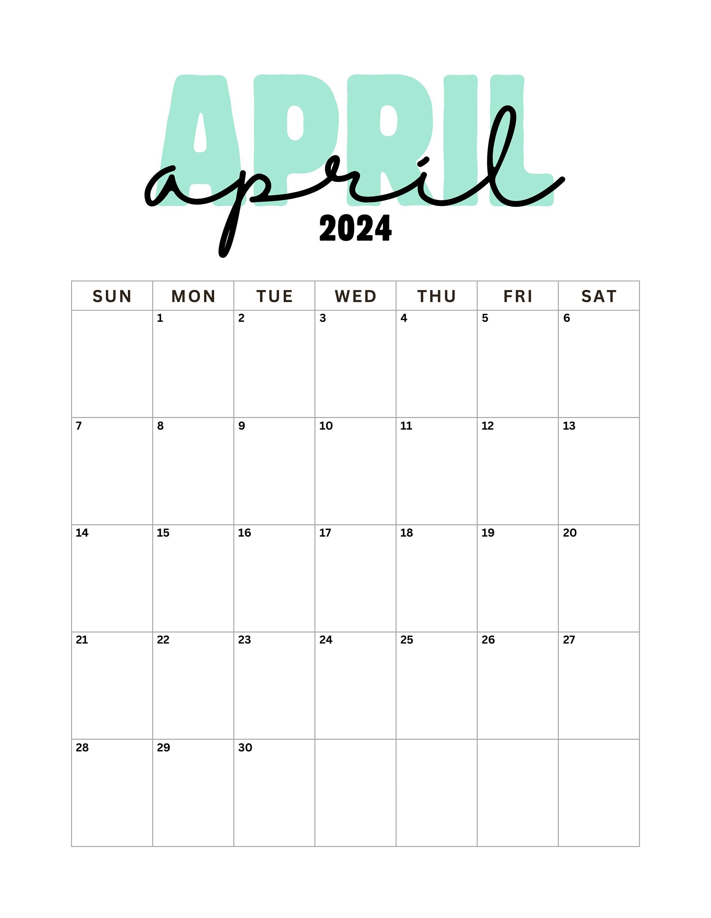 April 2024 Calendar Printable Digital Download PDF Vertical, Blank ...