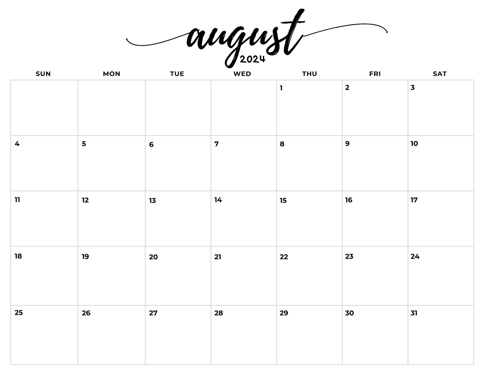 Editable August 2024 Calendar Printable Digital Download PDF Horizontal ...