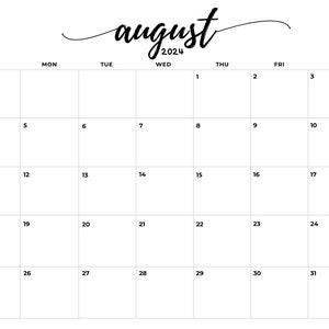 Editable August 2024 Calendar Printable Digital Download PDF Horizontal ...