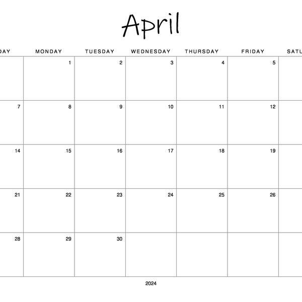 April Calendar Printable 2024 - Etsy