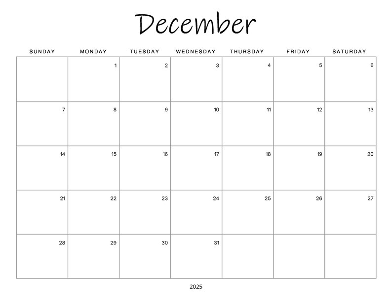 December 2025 Calendar Printable Digital Download Pdf - Etsy Ireland