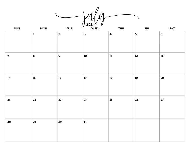 July 2024 Calendar Printable Digital Download PDF, Blank Monthly ...