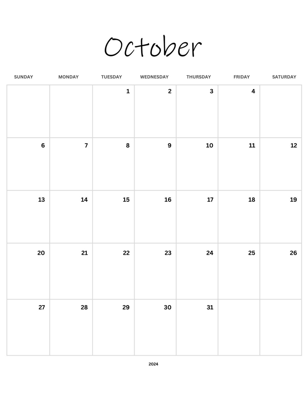 Editable October 2024 Calendar Printable Digital Download PDF Vertical ...