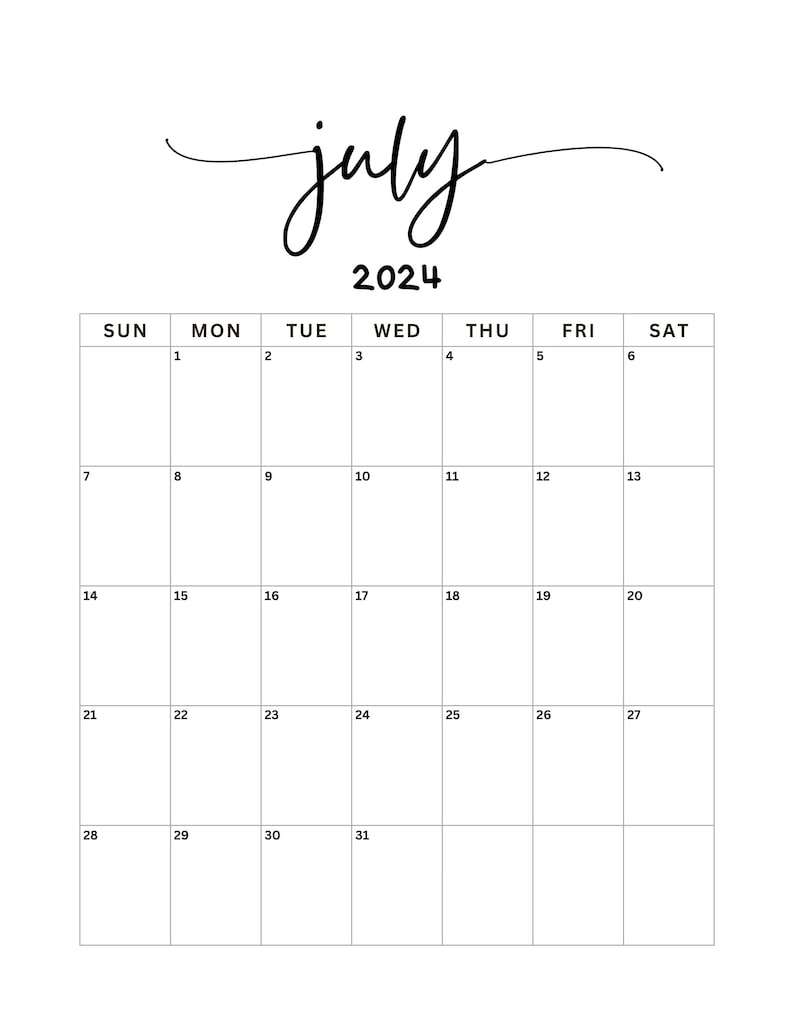 Editable July 2024 Calendar Printable Digital Download PDF Vertical ...