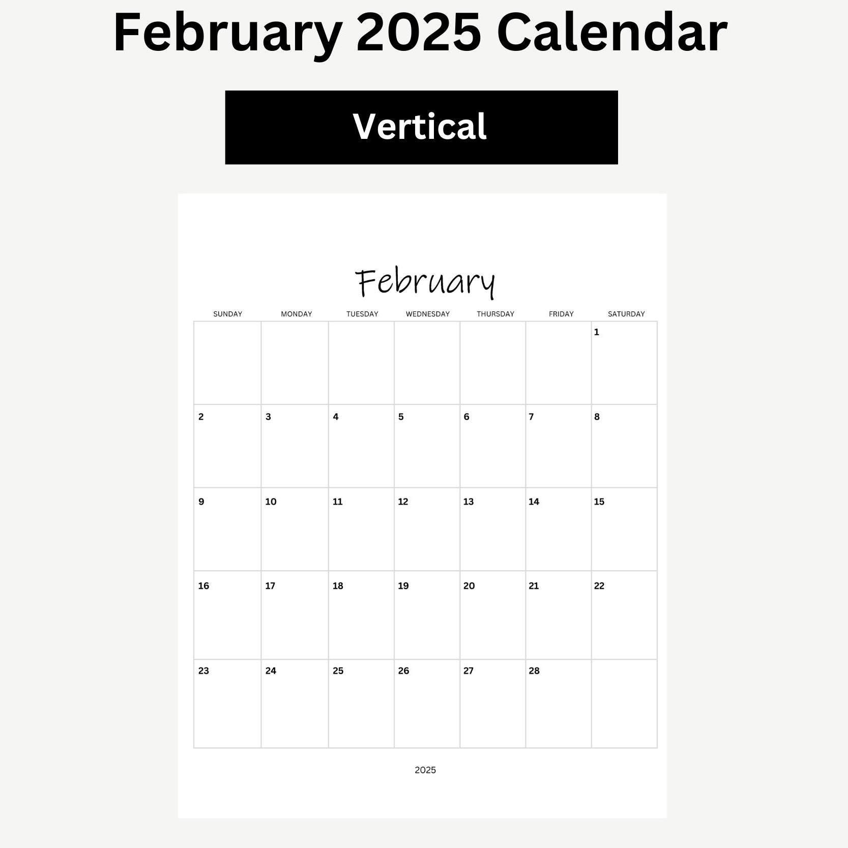 February 2025 Calendar Printable Digital Download PDF Vertical February ...