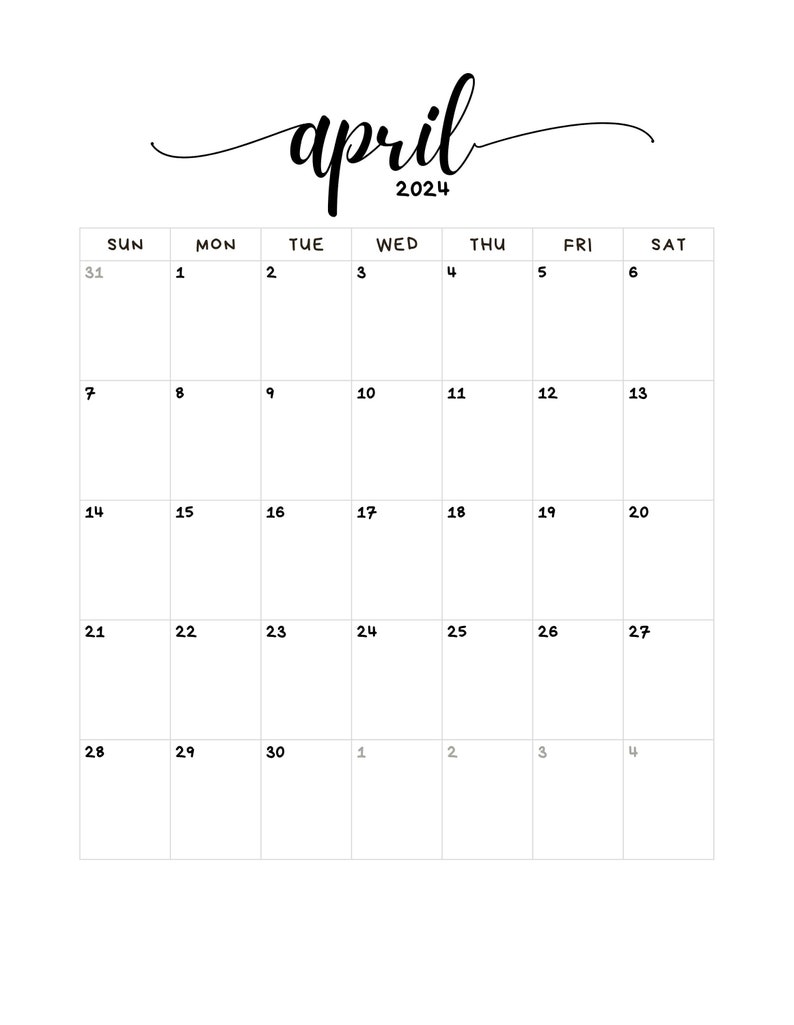 April 2024 Calendar Printable Digital Download PDF Vertical, Blank ...